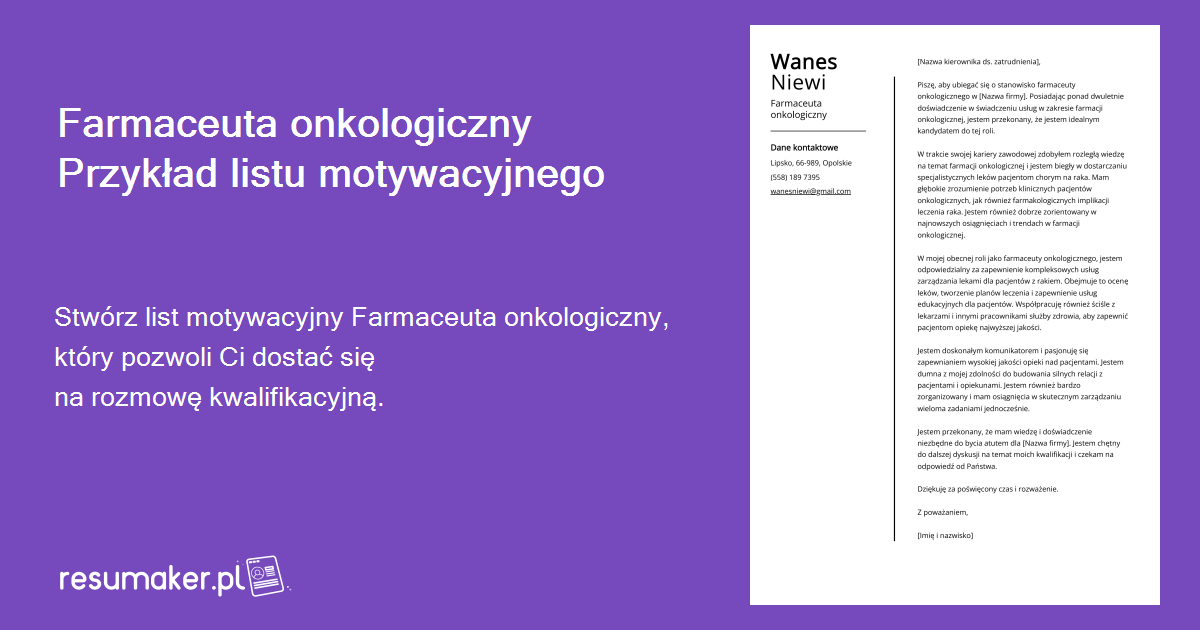 List motywacyjny Farmaceuta onkologiczny: Opis stanowiska, przykład i ...