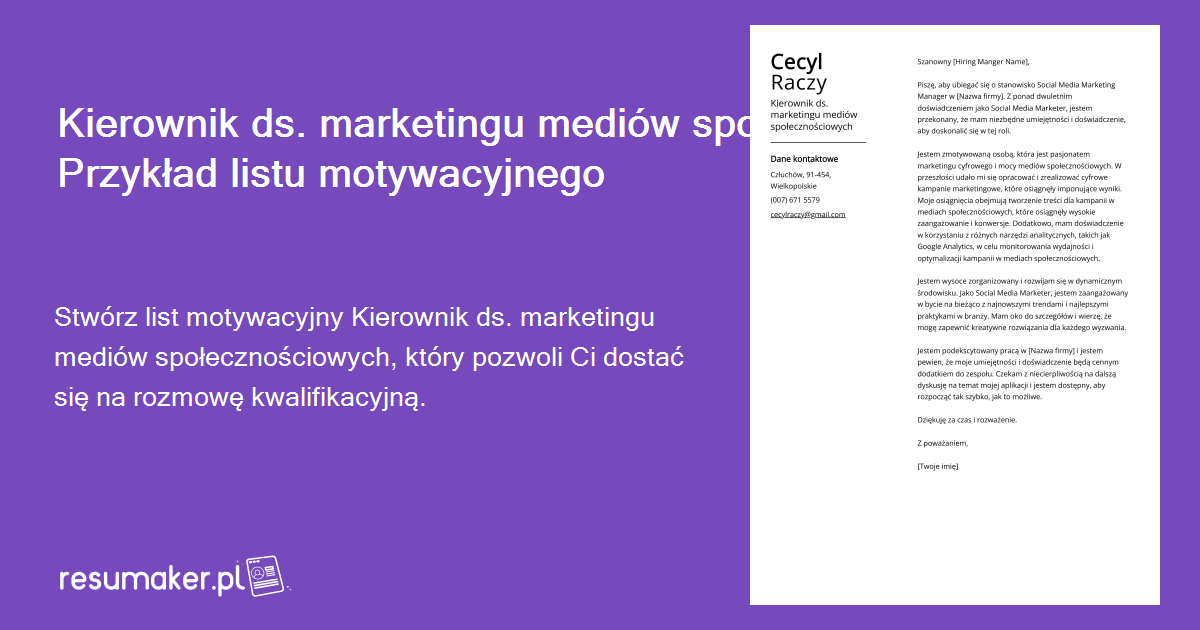 Przykłady listów motywacyjnych Kierownik ds. marketingu mediów społecznościowych (szablon i ...