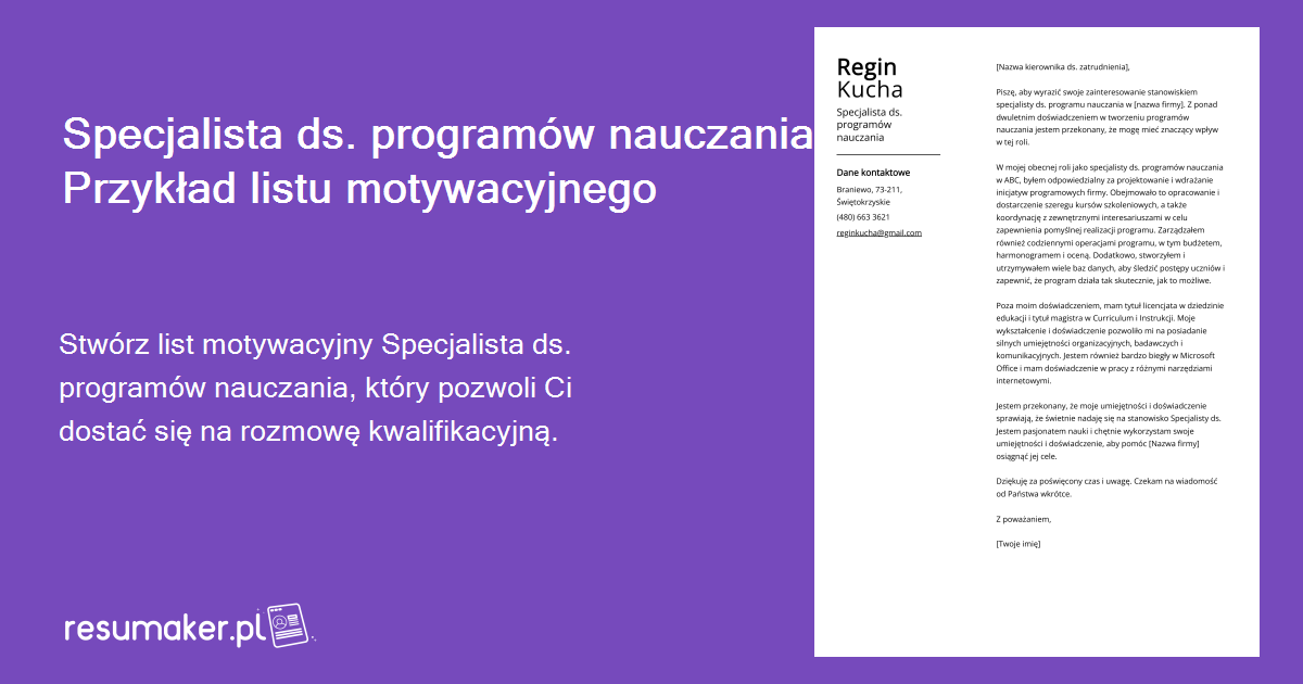 Specjalista ds. programów nauczania Przykład listu motywacyjnego na 2024 r.