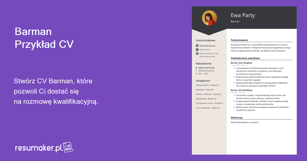 Doświadczony barman Przykładowe CV (Darmowy poradnik)